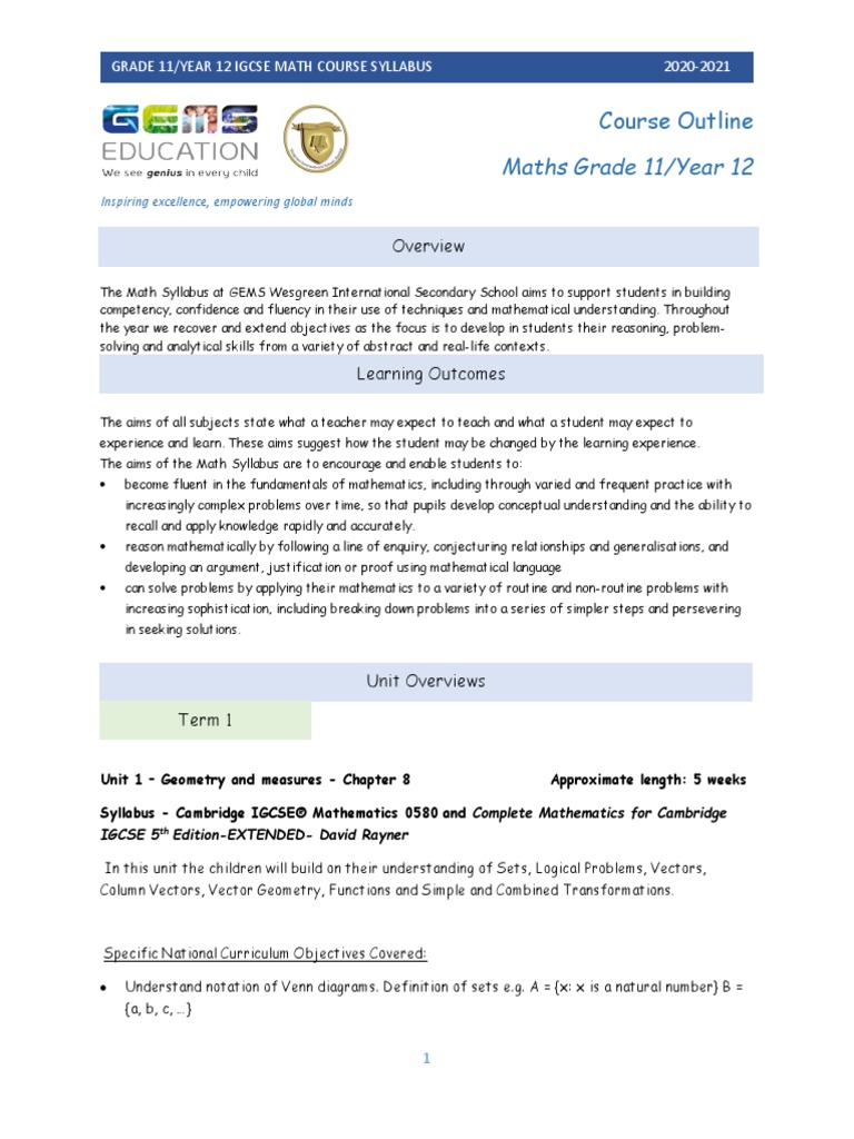 GR 11-IG Maths Syllabus Overview 2020-21 | PDF | Trigonometric ...