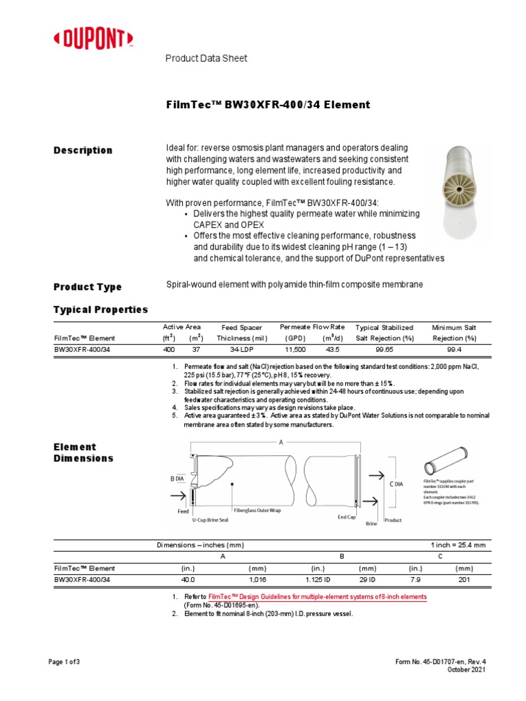 Ficha Técnica FilmTec BW30XFR 400 34 | PDF | Membrane | Chemistry