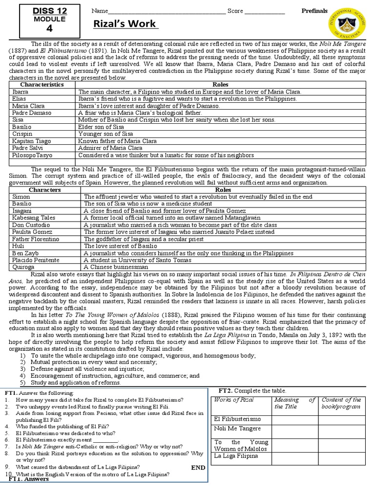 Module 4 - Rizal's Work | PDF | Philippines | Spanish Language Literature