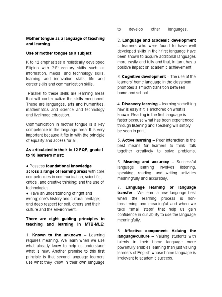 Mother Tongue As A Language of Teaching and Learning DAYANON and | PDF | Learning | Behavioural ...