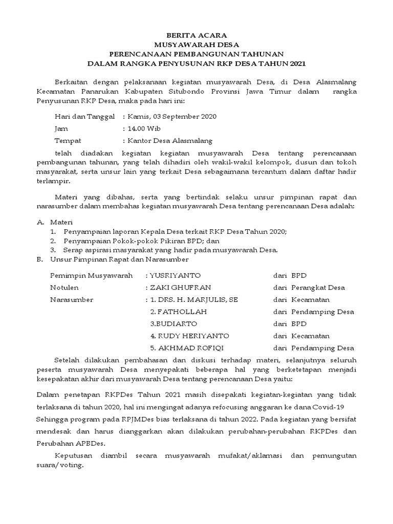 BA. Musdes Perencanaan Tahunan RKP Desa 2021 | PDF | Politik