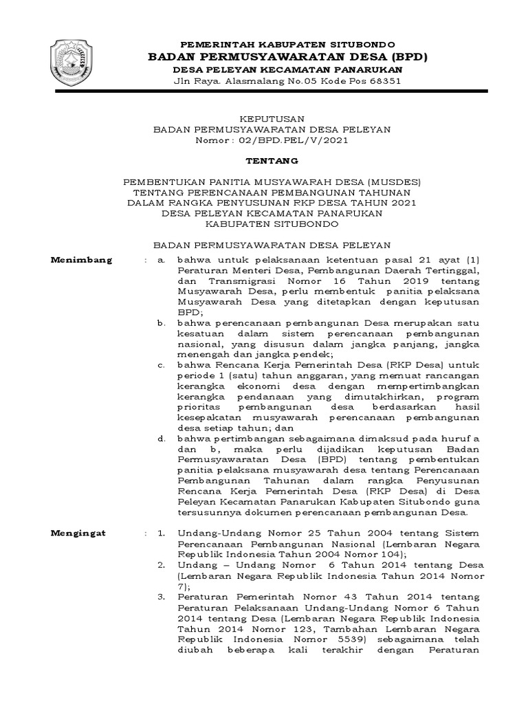 SK Panitia Musdes Perencanaan Tahunan RKP Desa 2021 (BPD) | PDF