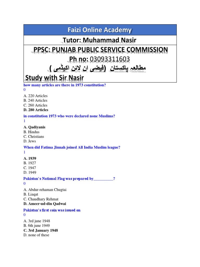 2nd Pak Studies Notes Faizi Online Academy PPSC FPSC Preparation Point ...