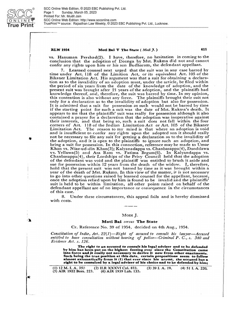 Moti Bai v. State, 1954 SCC OnLine Raj 20 | PDF