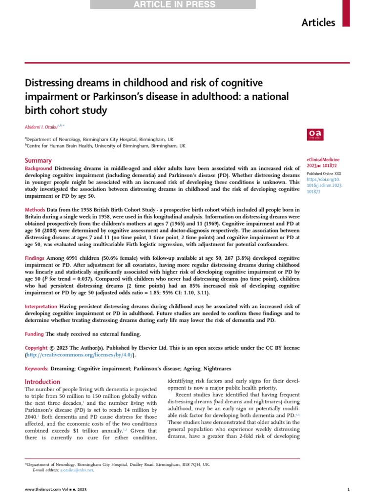 Distressing Dreams in Childhood and Risk of Cognitive | PDF | Dementia ...