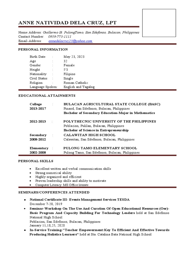 Sample Resume | PDF | Philippines | Literacy