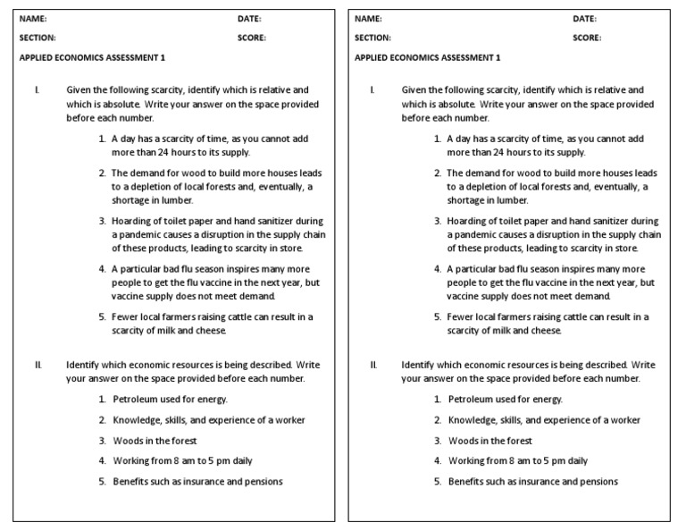 Assessment 1 - Scarcity and Economic Resources | PDF | Economies