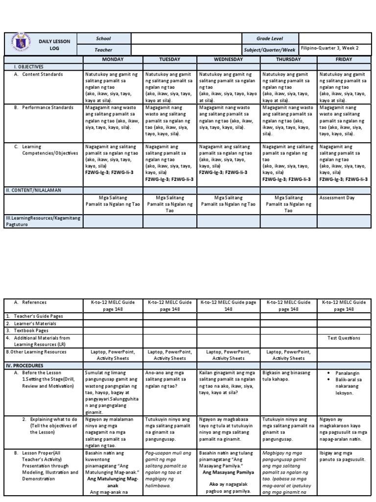 DLL Filipino q3w2 | PDF