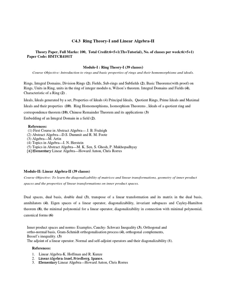 HMTCR4101T | PDF | Ring (Mathematics) | Linear Algebra