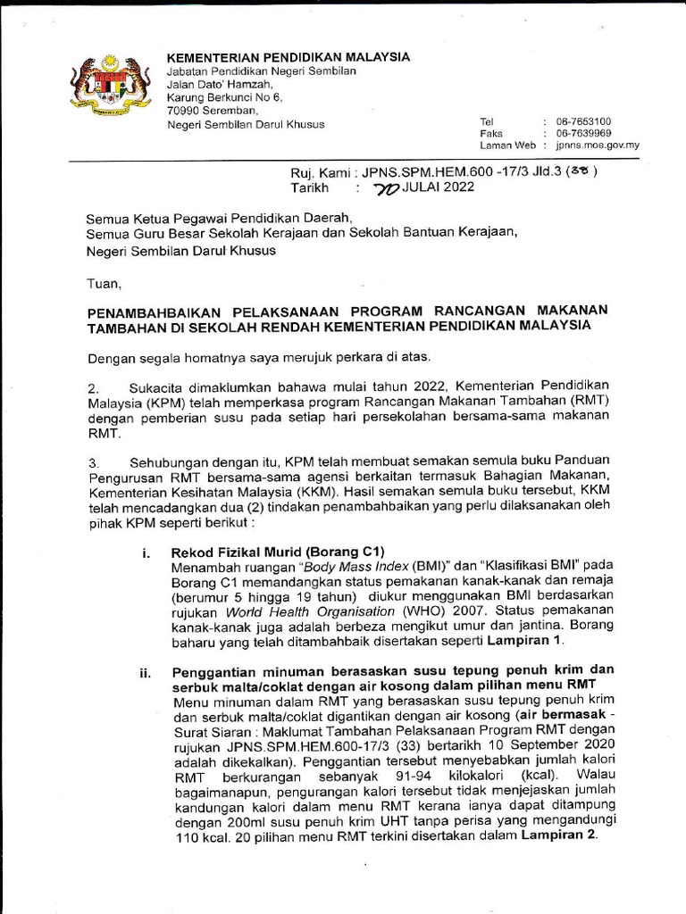 Surat Penambahbaikan Pelaksanaan RMT | PDF