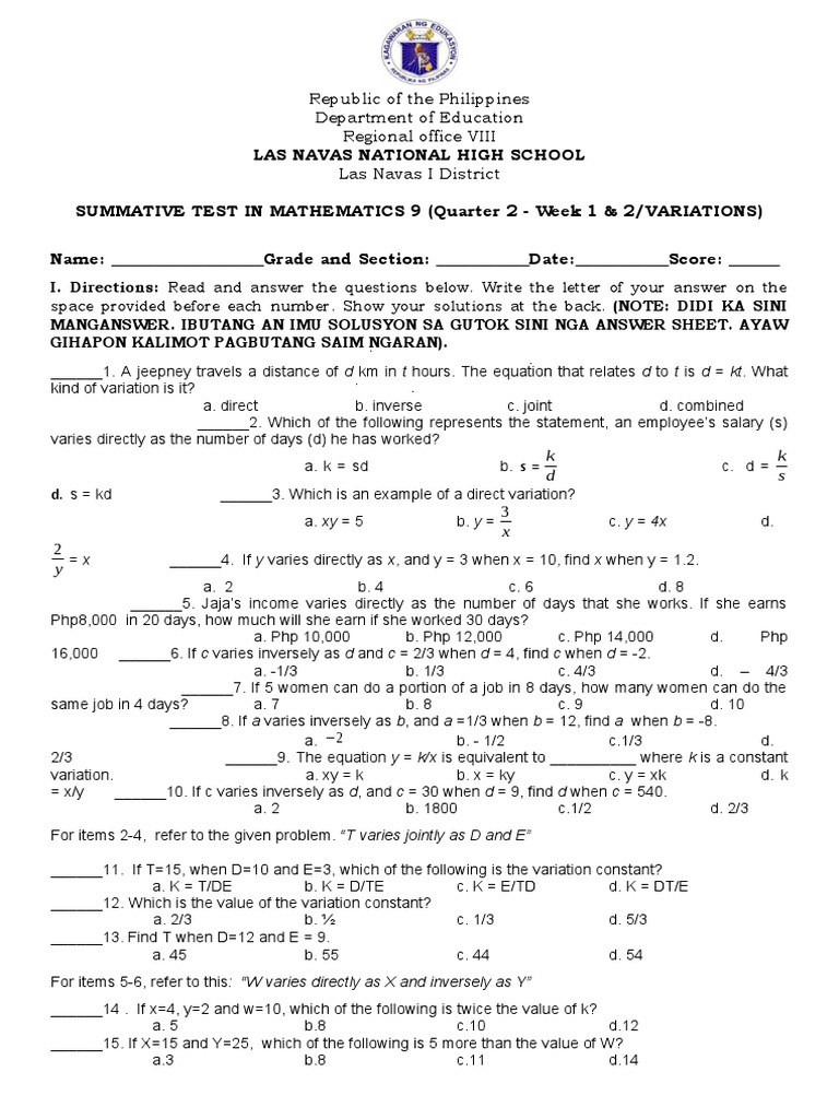 Quarter 2 Assessment MATH 9 WEEK 1&2 | PDF | Mathematics | Mathematical ...