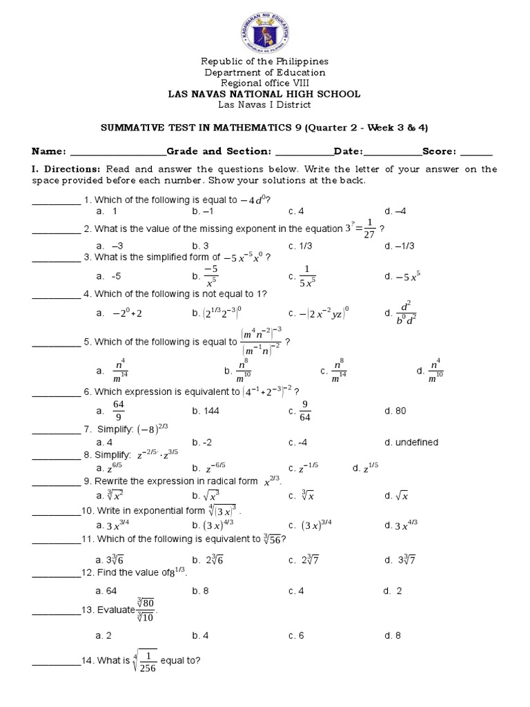 Quarter 2 Assessment MATH 9 WEEK 3&4 | PDF | Applied Mathematics | Algebra