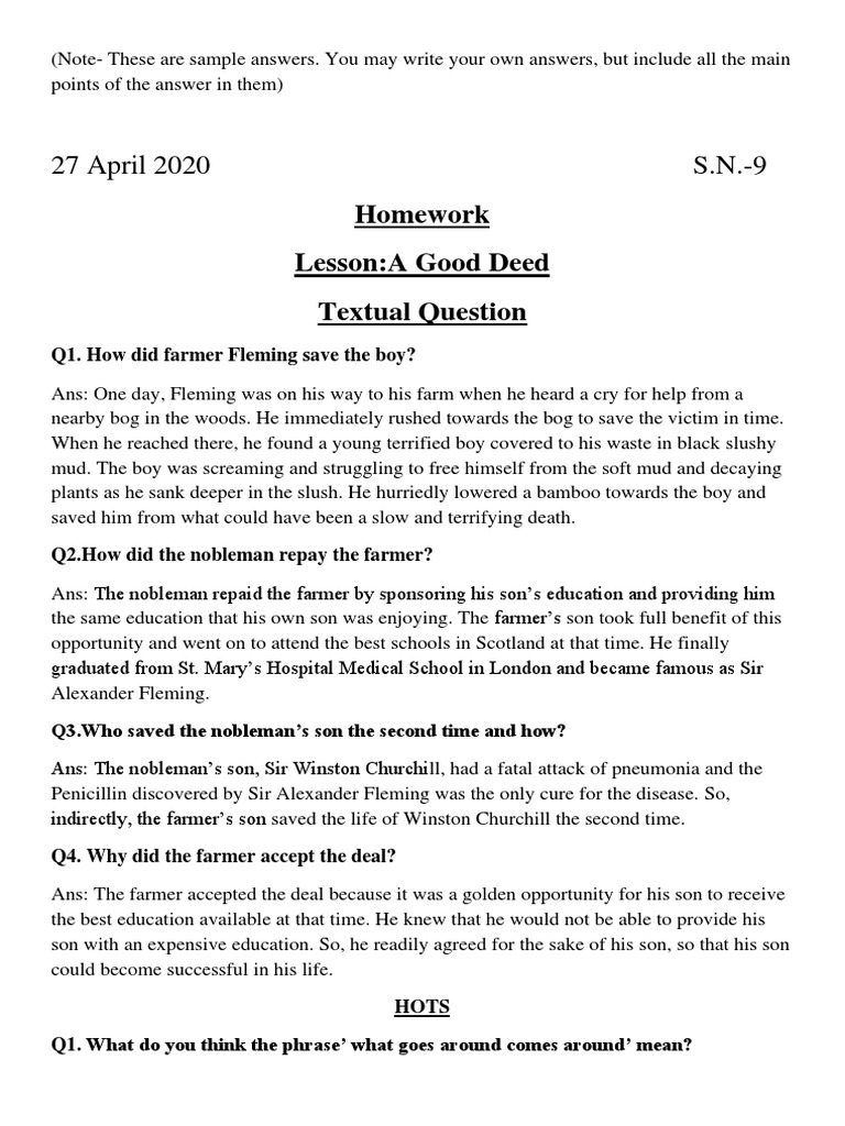 A Good Deed-Sample Answers | PDF