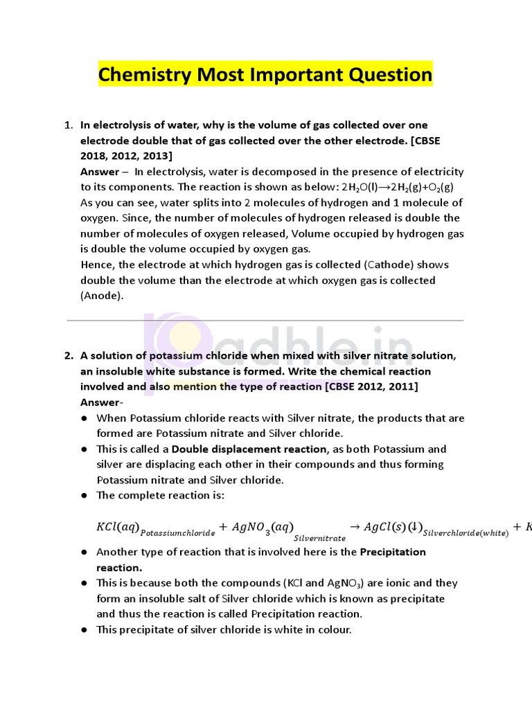 Chemistry Class 10 - Most Important Questions | PDF | Ester | Chemical ...