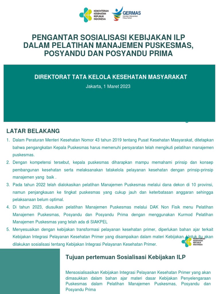 Pengantar Sosialisasi Kebijakan ILP Dalam Pelatihan Manajemen Puskesmas | PDF