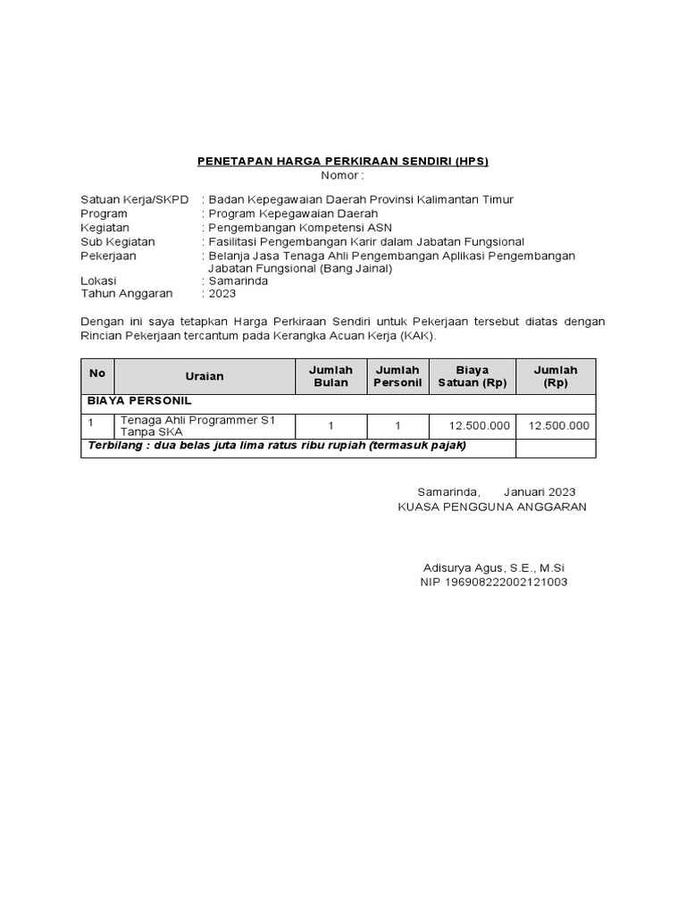 Contoh Penetapan Harga Perkiraan Sendiri | PDF