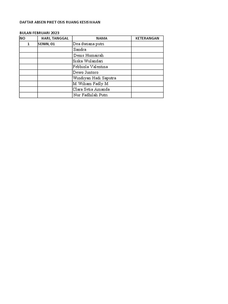 Absen Piket Osis 2023 | PDF