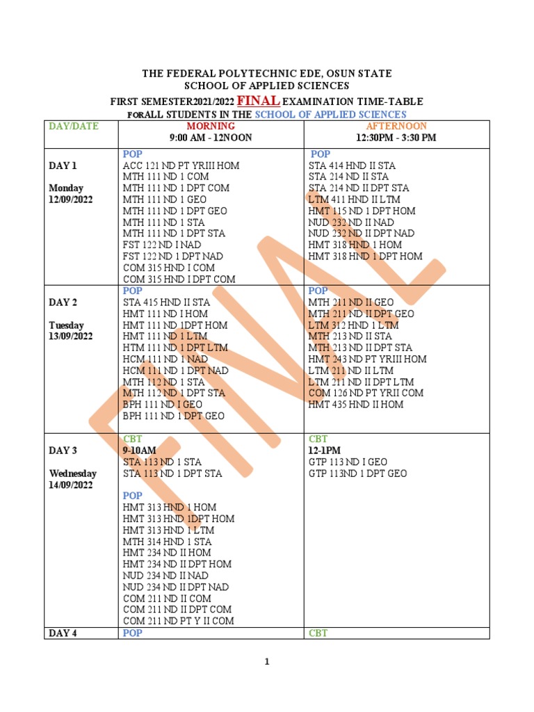 SAS First Semester FINAL Exam Time Table 2022-2 | PDF