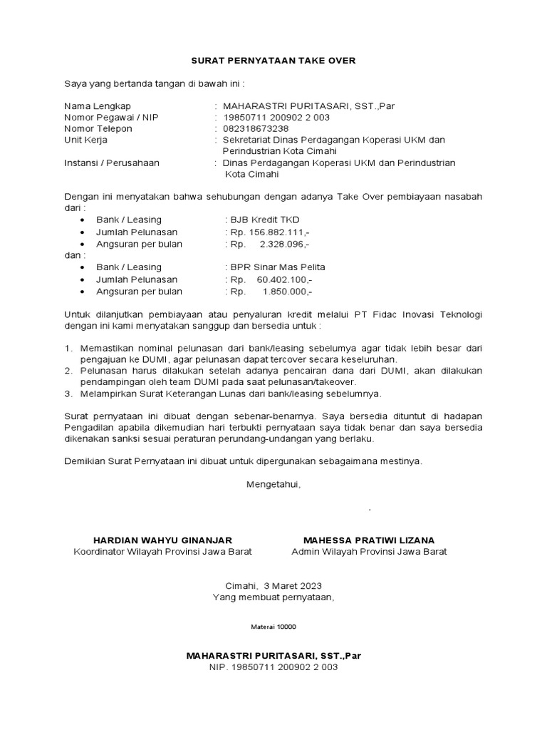 Surat Pernyataan Take Over - Regular | PDF