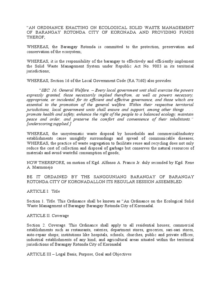 Ordinance BSWMC 2022 | PDF | Municipal Solid Waste | Waste Management