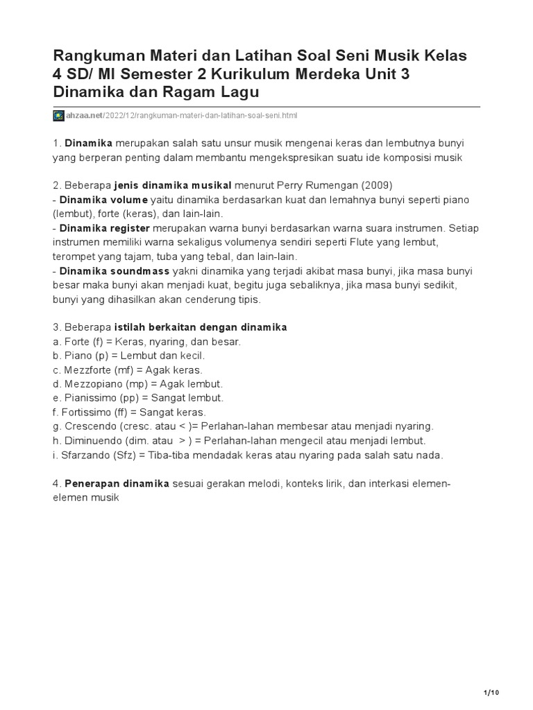 Rangkuman Materi Dan Latihan Soal Seni Musik Kelas 4 SD MI Semester 2 Kurikulum Merdeka Unit 3 ...