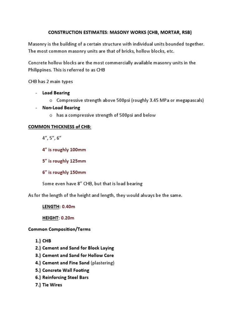 Masonry Works (CHB, Mortar, RSB) Notes by Breddy Johnson | PDF