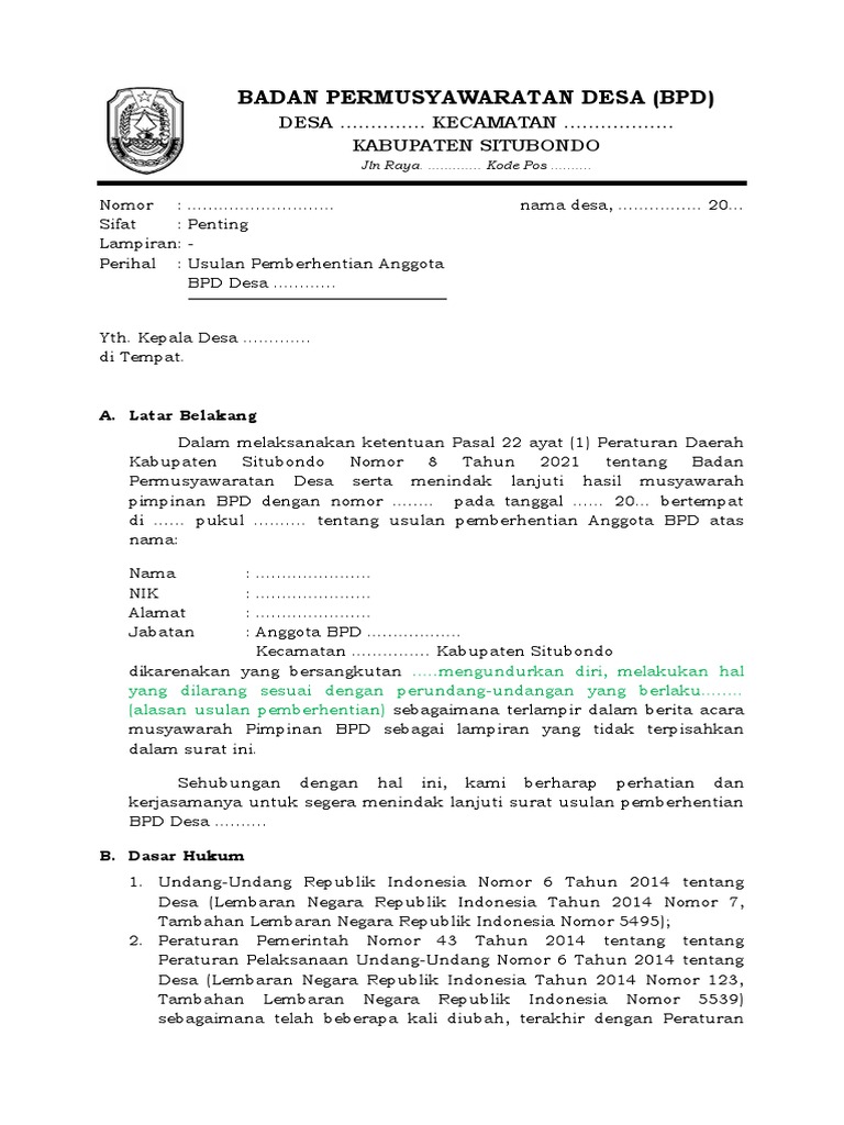 Contoh - Surat Pemberhentian BPD (Dari BPD) | PDF