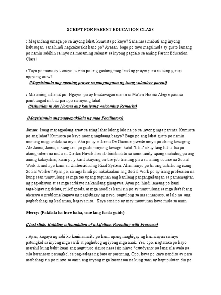 Script For Parent Education Class | PDF