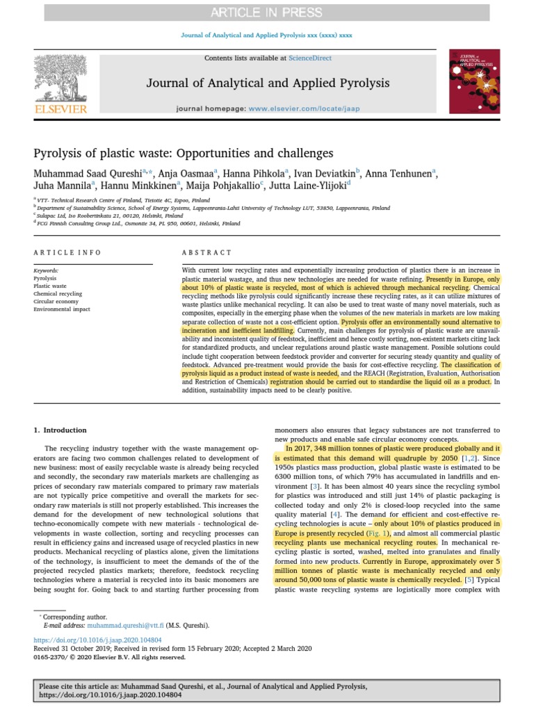 Pyrolysis of Plastic Waste Opportunities and Challenges 2020 | PDF ...