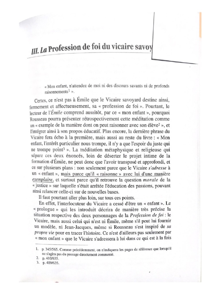 La Profession de Foi Du Vicaire Savoyard ROUSSEAU | PDF