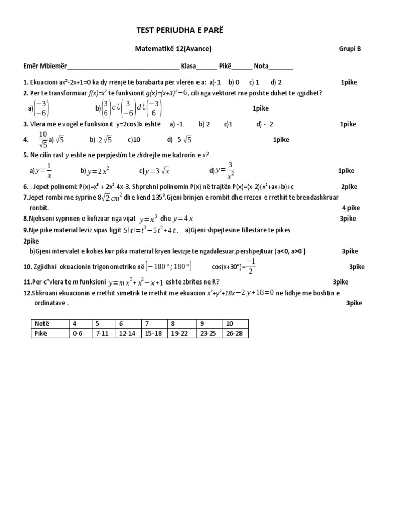 Test Periudha e Parë GR.B (Avance) | PDF