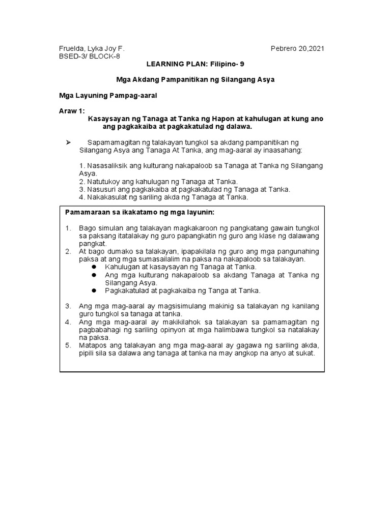 Learning Plan Fruelda Lyka Joy | PDF