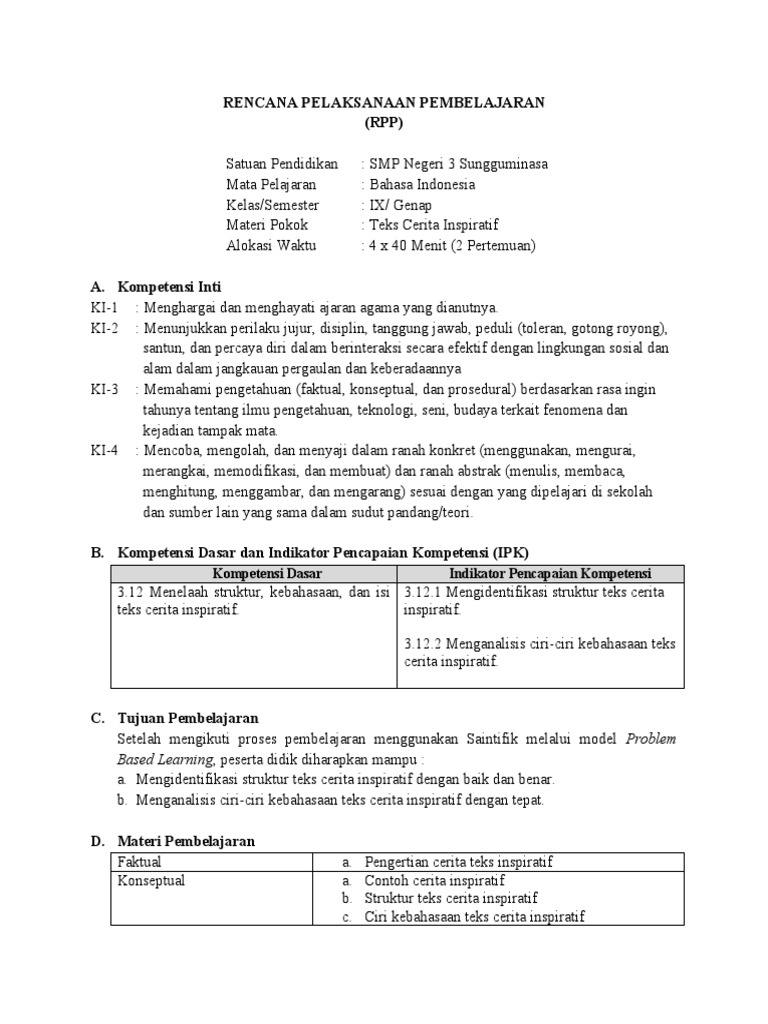 RPP KD 3.12 Menganalisis Unsur Dan Struktur Kebahasaan Teks Cerita Inspiratif | PDF