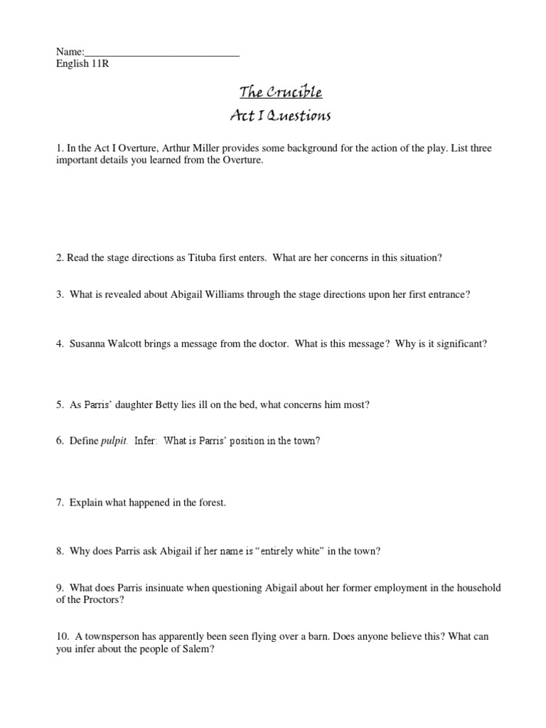 Crucible Act 1 Questions | PDF | Witchcraft | Early Modern Witch Hunts