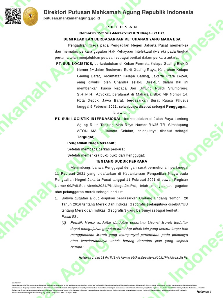 Putusan 9 PDT - Sus-Hki Merek 2021 PN Niaga JKT - PST 20230224055716 | PDF