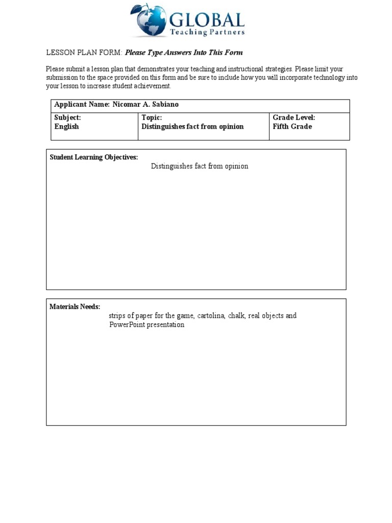 Global Teaching Partners - Lesson Plan | PDF | Learning | Lesson Plan