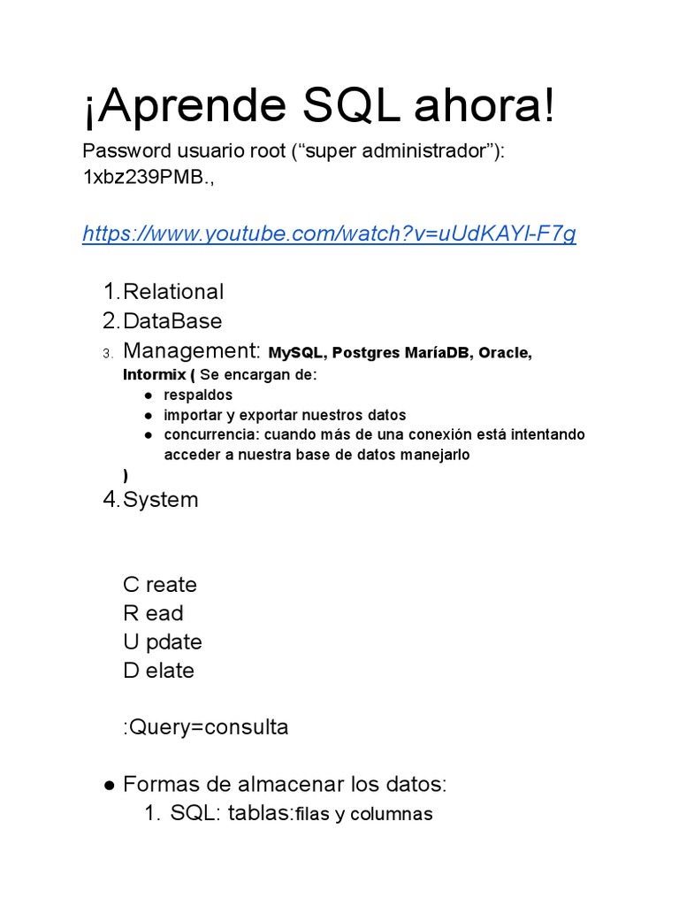 ¡Aprende SQL Ahora!: Relational Database Management | PDF
