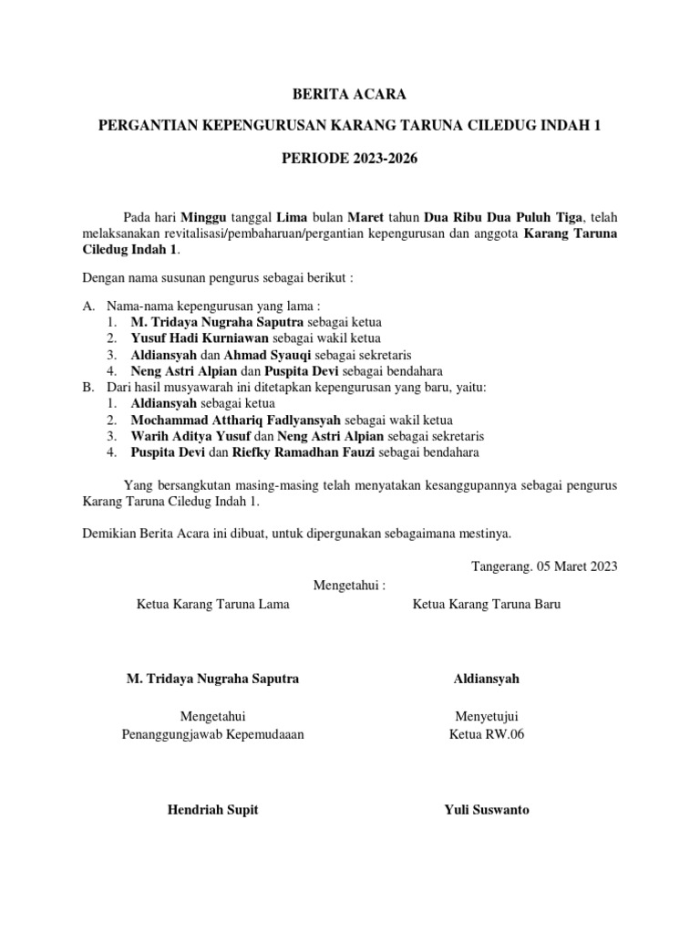 Berita Acara Pergantian Kepengurusan KTCI | PDF