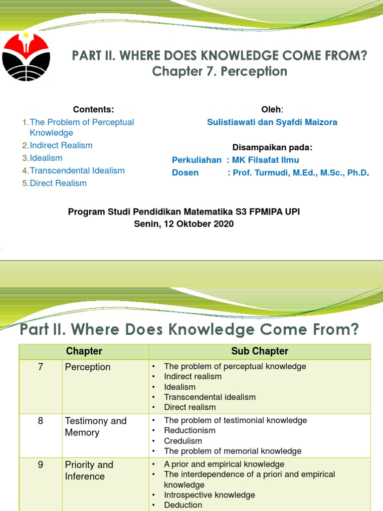 Filsafat Ilmu. Part II - Where Does Knowledge Come From - Perception by ...