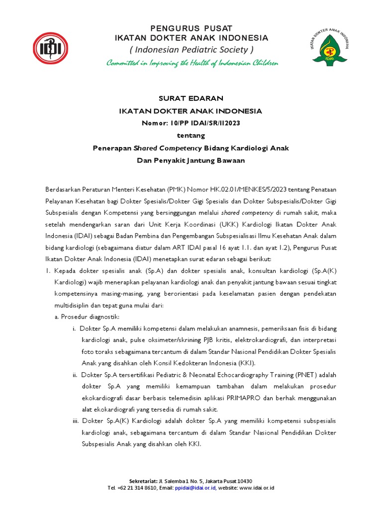 10 - Surat Edaran IDAI - Penerapan Shared Competency Bidang Kardiologi | PDF