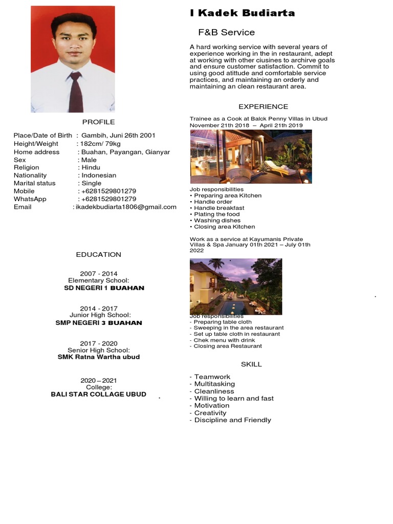 CV - I Kadek Budiarta - As F&B Service 2 | PDF | Foods | Restaurants