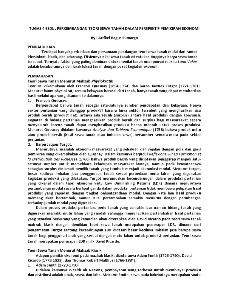 Tugas 4 Esdl - Ringkasan Artikel Materi Perkembangan Teori Sewa Tanah | PDF