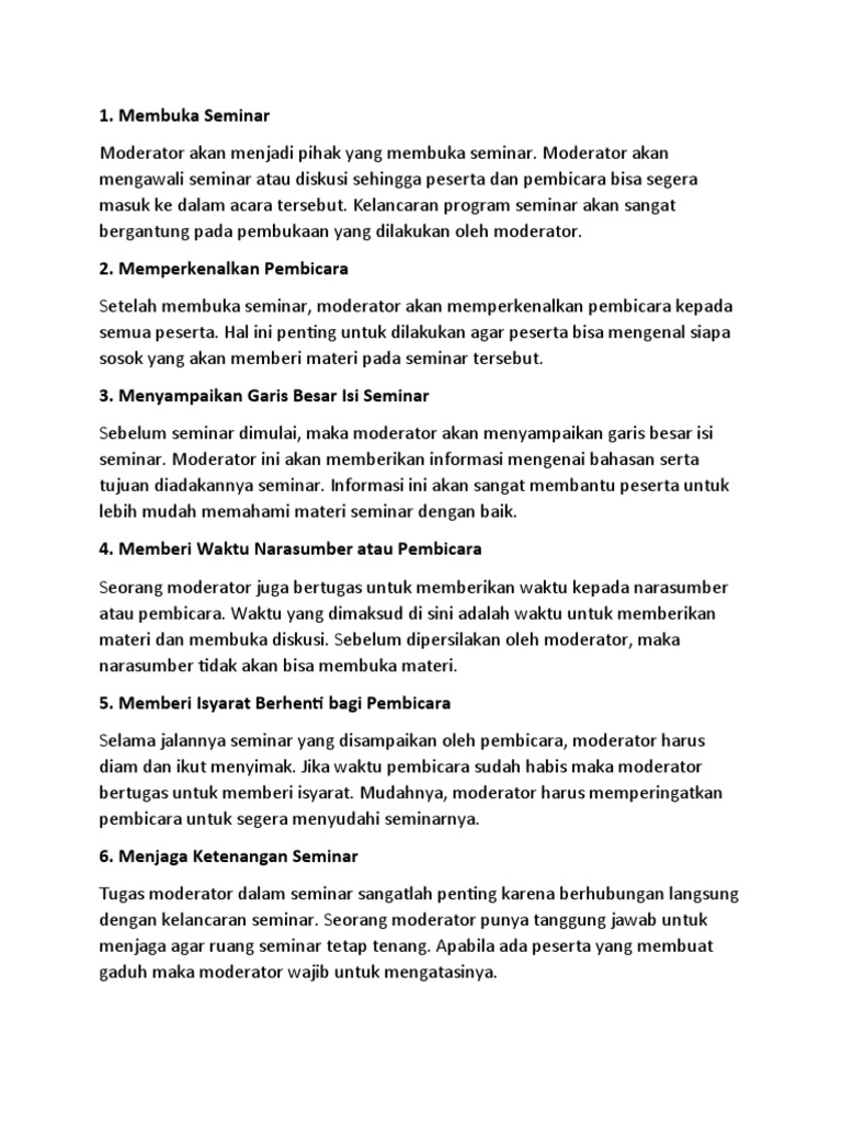 Tugas Utama Moderator Seminar | PDF | Pengembangan Diri | Komputer