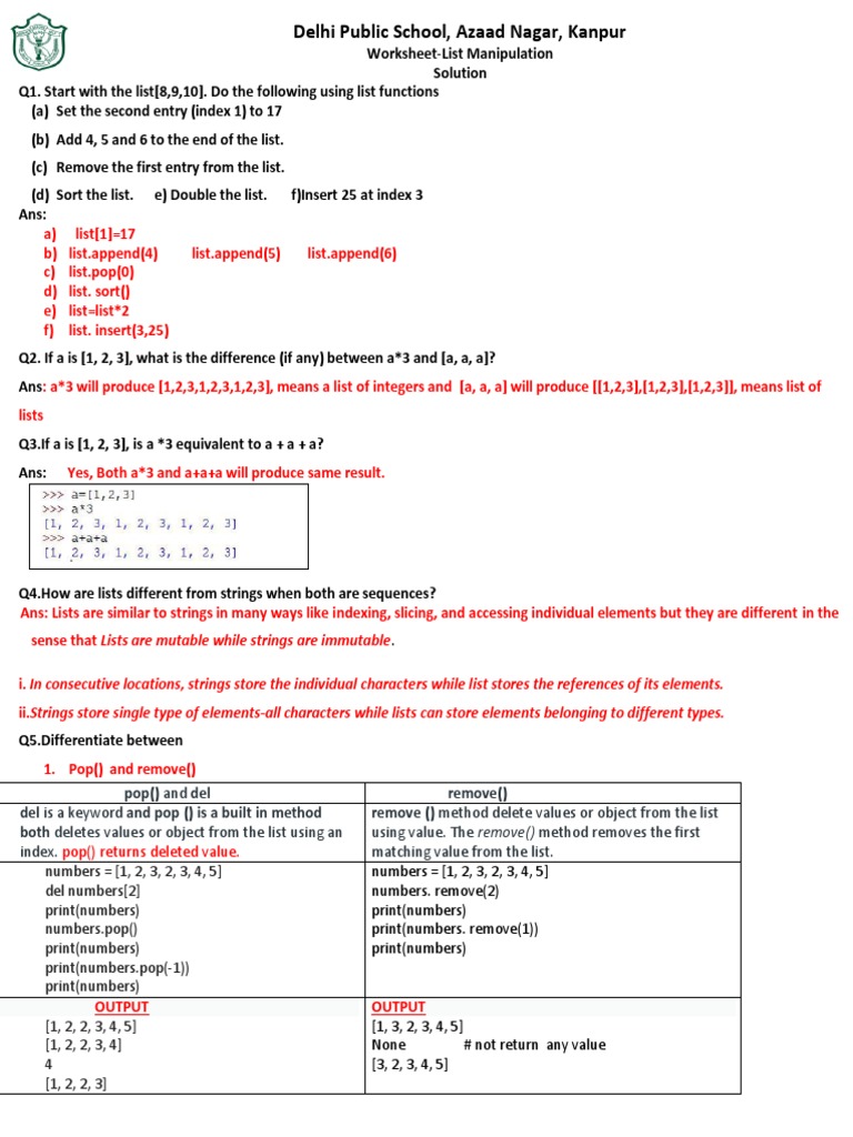 List and Tuple Worksheet Solution | PDF