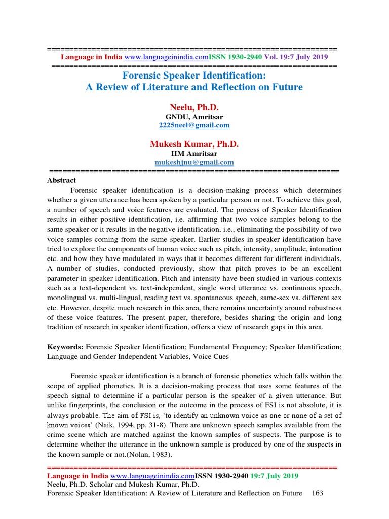 Forensic Speaker Identification A Review Of Literature And Reflection On Future Pdf Human
