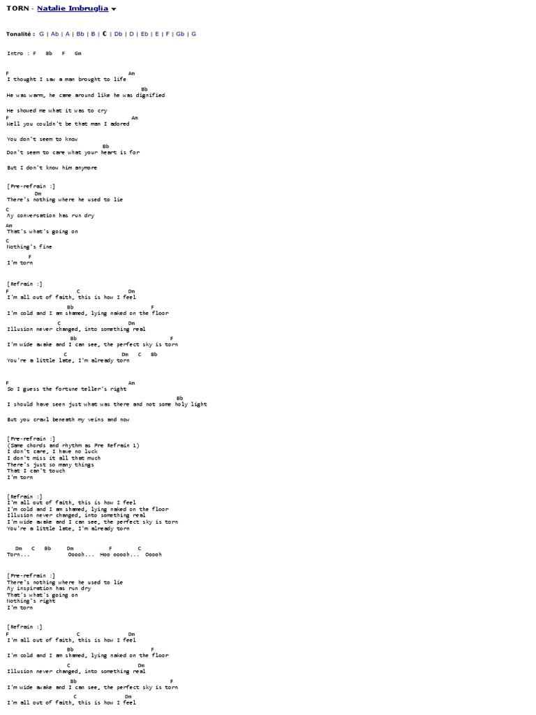 Natalie Imbruglia's "Torn" Chords & Lyrics | PDF