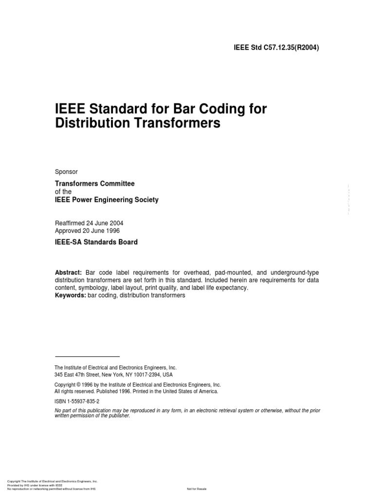 IEEE Standard For Bar Coding For Distribution Transformers: IEEE STD ...