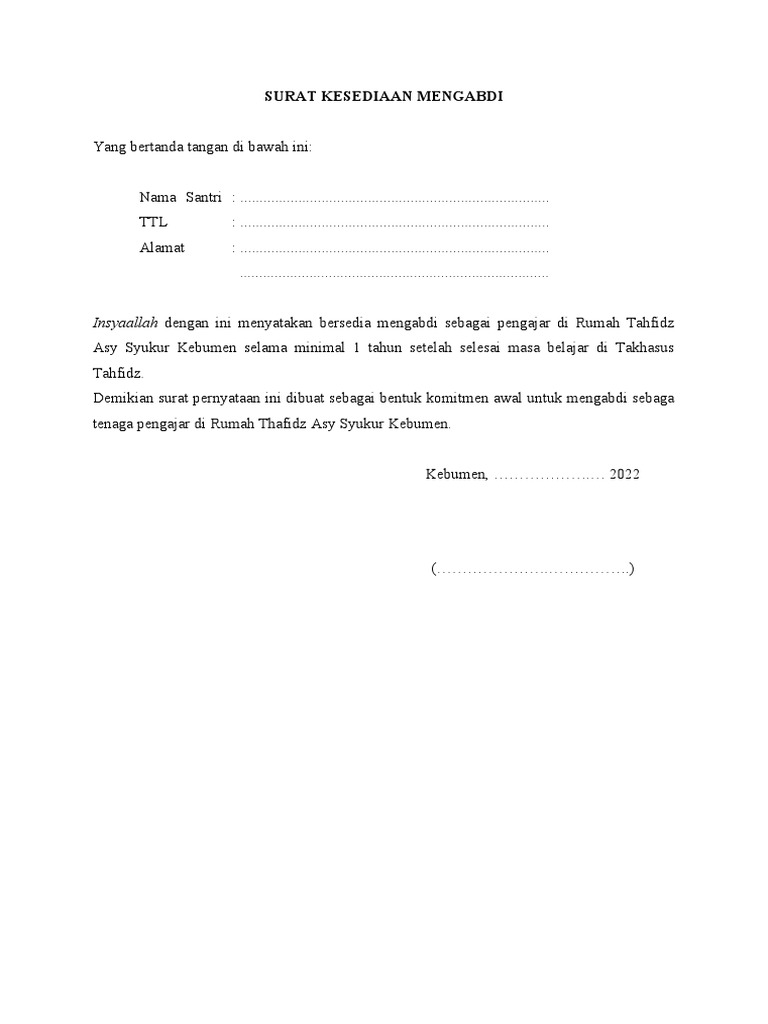 Surat Pernyataan Siap Mengabdi | PDF | Griya & Taman | Seni