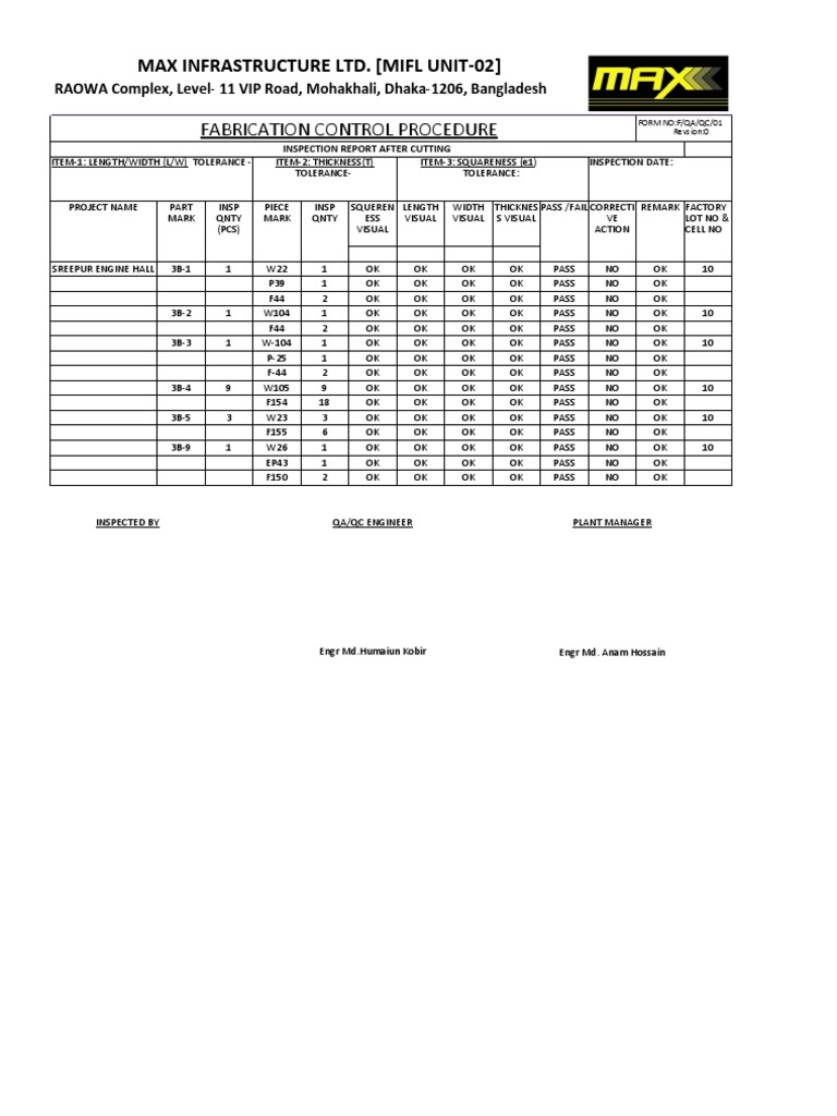 Fabrication Inspection Report Format | PDF