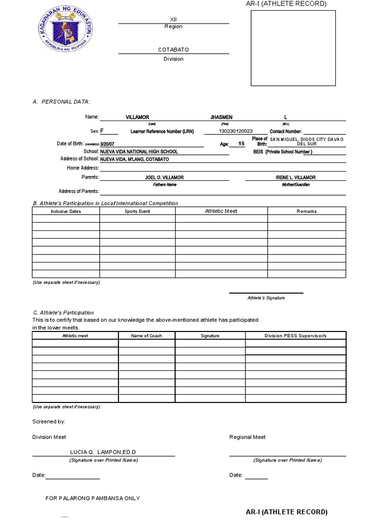 Athlete Record Template | PDF | Multi Sport Events | Philippines
